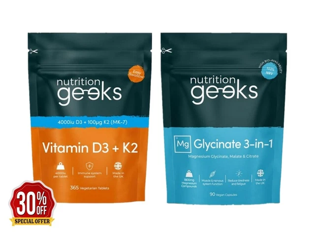 NUTRITION GEEKS 3-IN-1 & Vitamin D3+K2 Magnesium Glycinate Complex ...