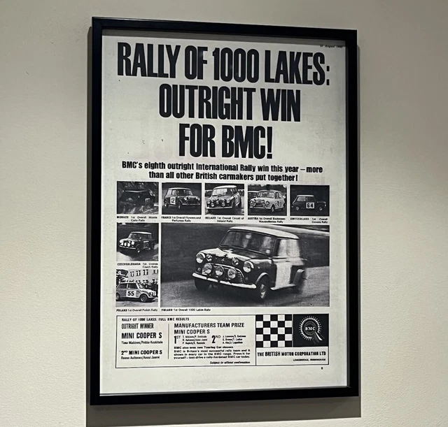 BMC AUSTIN MORRIS Mini Cooper S Rally 1000 Lakes Win ‘65 Garage Wall ...