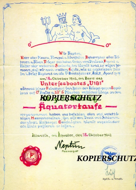 U-BOOT-KRIEG DOKUMENT ÄQUATORTAUFE Unterseeboot U 181 Taufschein EUR 10 ...