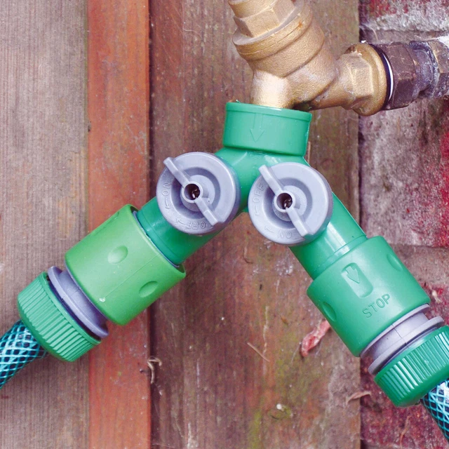 TWO WAY OUTSIDE Garden Tap Shut off Adapter Dual Hose Connector ...