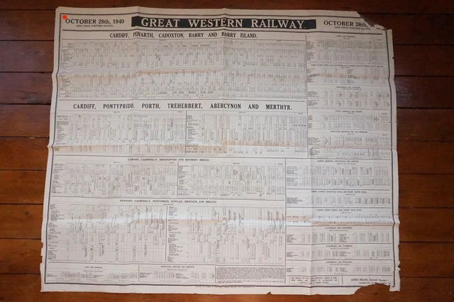 1940 GWR RAILWAY Timetable Poster Merthyr Pontypridd Poth Abercynon ...