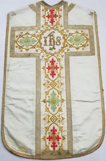 ANTIQUE FRENCH IHS Embroidered Metallic Trim Church Priest Chasuble ...