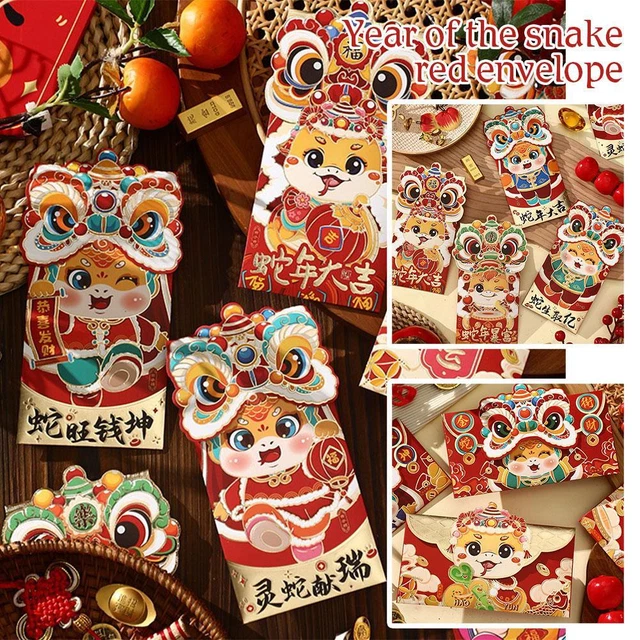2025 YEAR OF the Snake 6Pack Chinese Lucky Amber Red Packet w/ Lucky ...