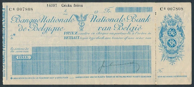 BELGIUM: 1930S BANQUE National de Belgique "SCARCE UNISSUED CHEQUE ...
