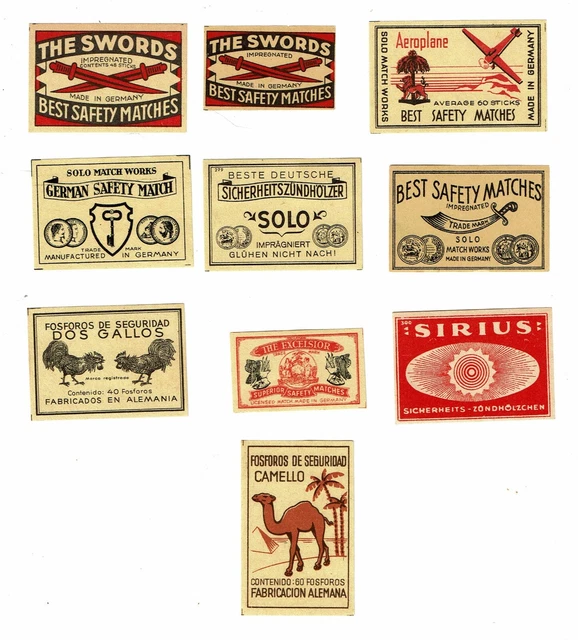 10 OLD GERMAN c.1900s matchbox labels depicting Aeroplane, Camel etc ...