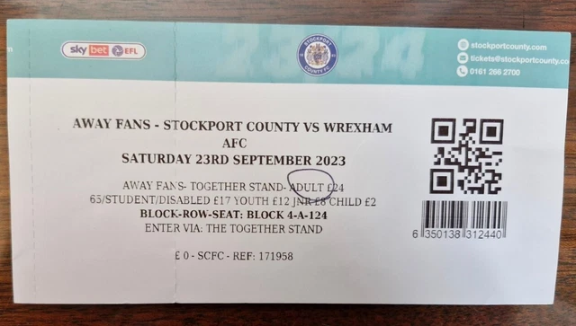 STOCKPORT COUNTY V Wrexham AFC Match Ticket- 23/09/2023 £8.00 - PicClick UK