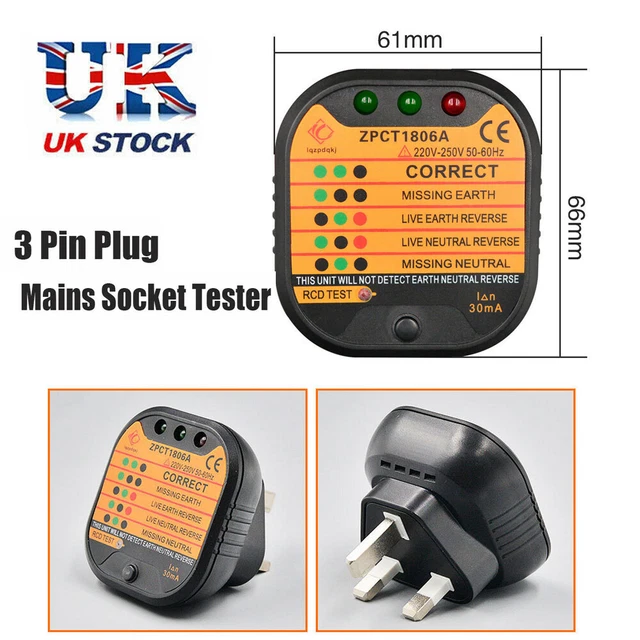 MAINS SOCKET TESTER 220V-250V Polarity Test 3 Pin UK Plug Electrical ...