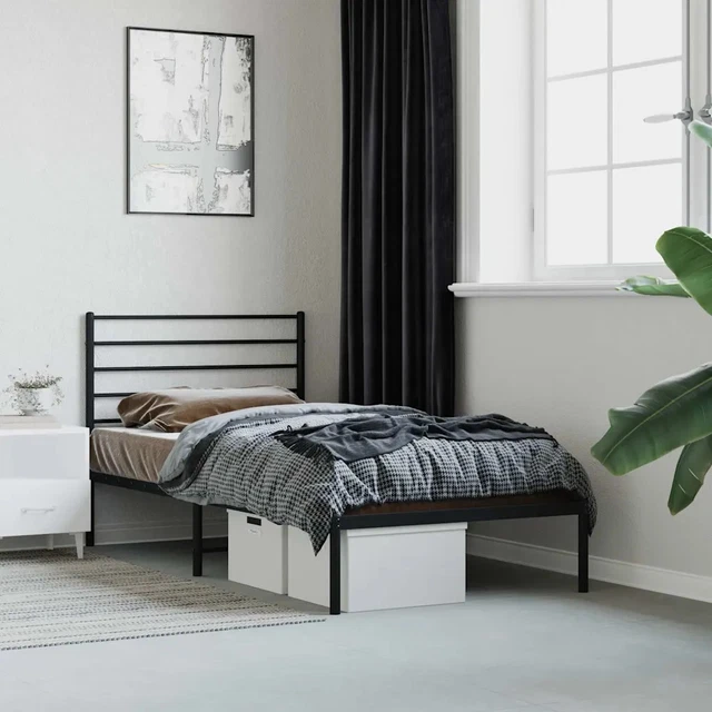 WALPLUS BLACK METAL Single Bed Frame with Headboard 90x190 cm Steel Bed ...