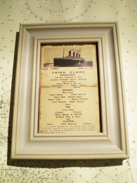 RMS TITANIC REPLICA 3rd class Menu in Frame. White Star Line 1912 £25. ...