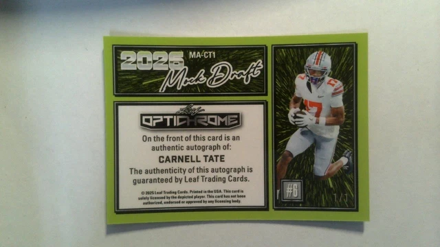 2025 LEAF OPTICHROME - 2026 Mock Draft Autograph - Carnell Tate #1/1 ...