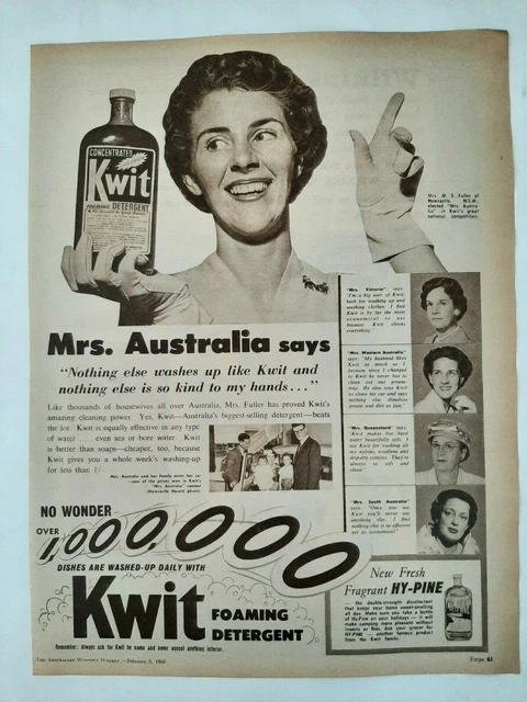 VINTAGE AUSTRALIAN ADVERTISING 1960 ad KWIT DETERGENT WILKINS SERVIS ...