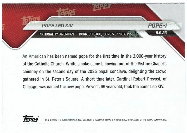POPE LEO XIV 1st AMERICAN POPE 2025 TOPPS NOW CARD POPE-1 $4.61 ...