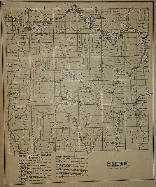 OLD ANTIQUE 1888 Plat Map SMITH Twp. BELMONT Co. OHIO ~ LAMIRA P.O ...