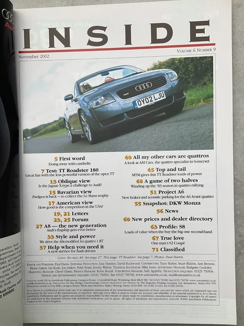 AUDI DRIVER MAGAZINE - November 2002 - A8, TT Roadter 180, S8, MTM TT ...