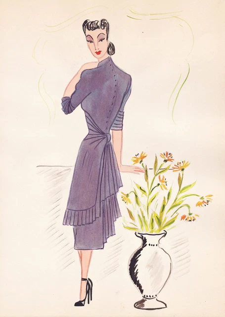 MODE FASHION 50S woman Frau Flower Vase Zeichnung drawing dessin 1950 ...