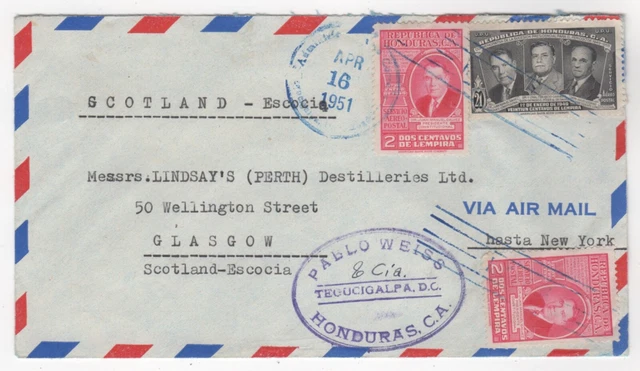 1951 APR 16TH. Air Mail. Tegucigalpa to Glasgow, Scotland. $9.50 ...
