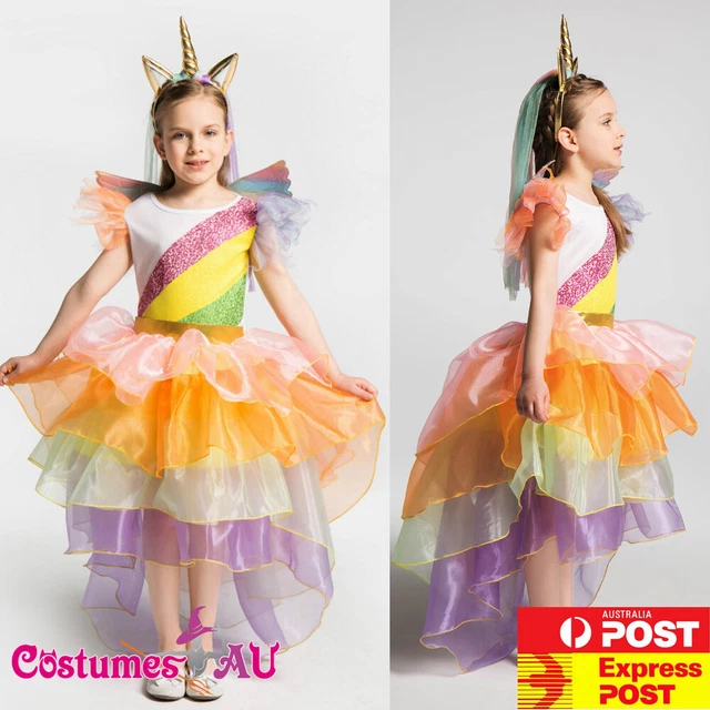 GIRLS RAINBOW UNICORN Princess Costume Book Week Child Kids Tutu Fancy ...