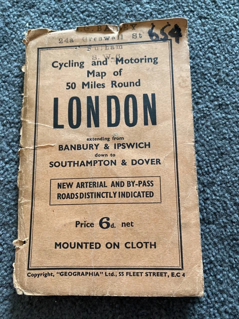 VINTAGE GEOGRAPHIA CYCLING and Motoring Map of 50 Miles Round London £2 ...