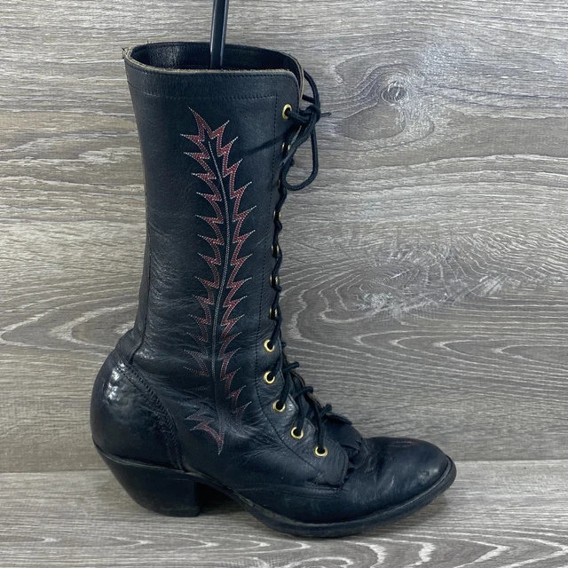 VINTAGE 7 EE Black Cowboy Boots Leather Logger Packer Lace Up Tall ...