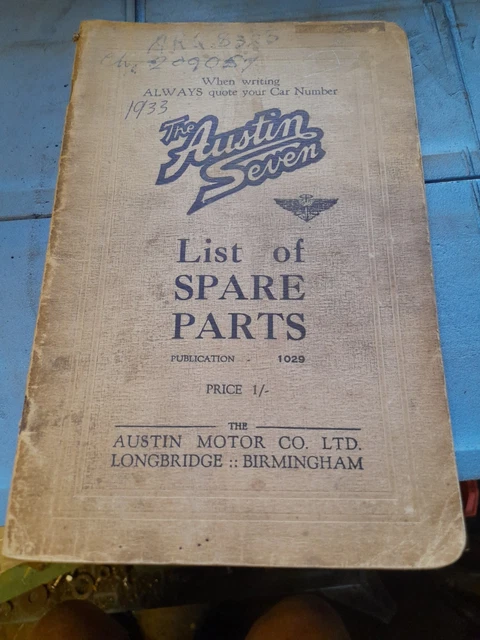 AUSTIN SEVEN LIST Of Spare Parts 1029 August 1933 Original Factory ...