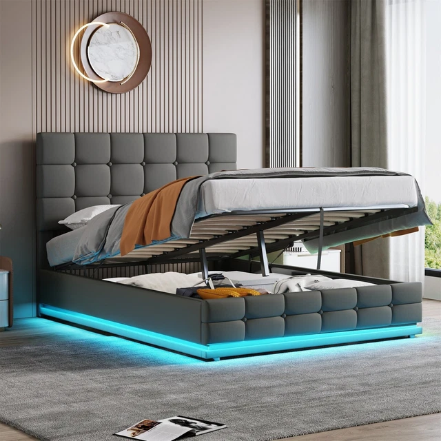 OTTOMAN STORAGE GAS Lift Up 4ft6 Double Size PU Leather Bed Frame with ...