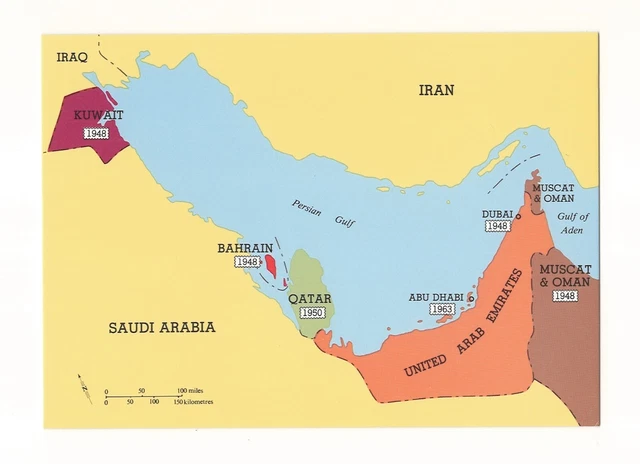 RARE ANTIQUE POSTCARD 1965 Map Dubai Qatar Oman Kuwait Bahrain Saudi ...
