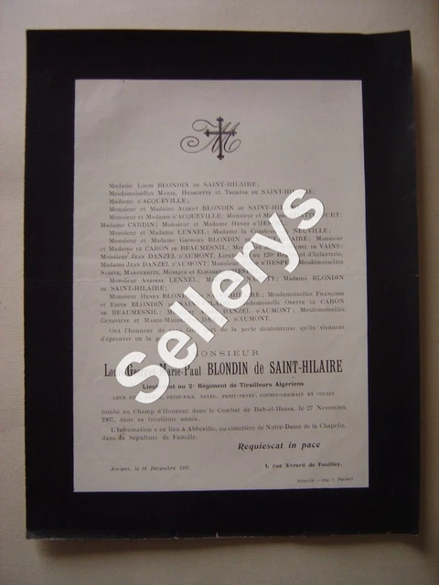 FAIRE PART DE décès Lieutenant Louis Georges Marie Paul BLONDIN DE SAINT-HILAIRE EUR 24,90 ...