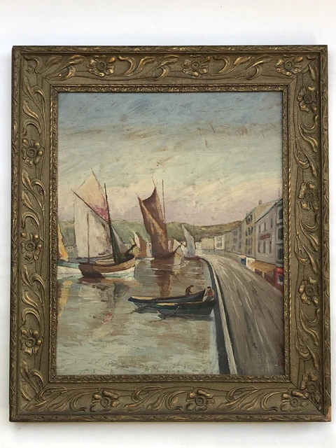 SUPERBE ANCIEN TABLEAU PEINTURE sur BOIS MARINE PORT BRETON VOILIERS signé B EUR 280,00 ...