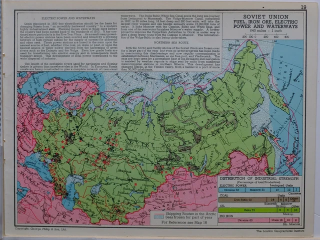 1961 SOVIET MAP Soviet Union Fuel Iron Ore Electric Power Waterways ...