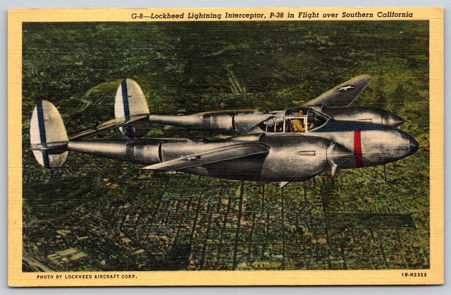 POSTCARD LOCKHEED LIGHTNING Interceptor P-38 in Flight over CA linen ...