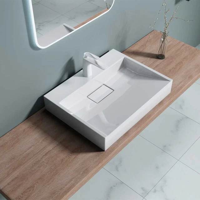 BATHROOM WASH BASIN Vanity Stone Wall Hung Countertop Rectangle Sink ...