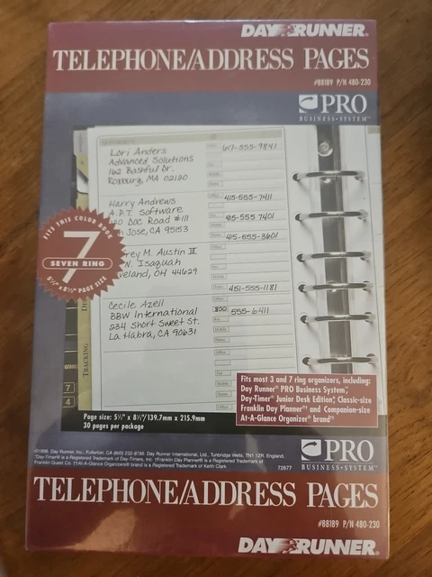 DAY RUNNER TELEPHONE Address Pages 30 Sheets Undated 5.5"x8.5" Sealed 3 ...