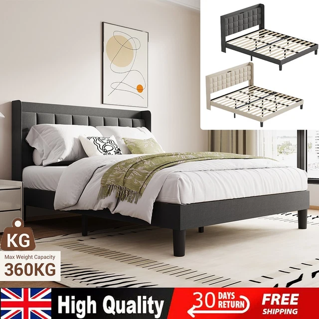 MODERN BED FRAME Linen Upholstered Headboard Single Double Super King ...
