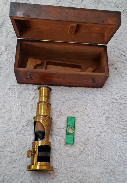 VINTAGE ANTIQUE STUDENTS Brass Microscope in box with one slide £45.00 ...