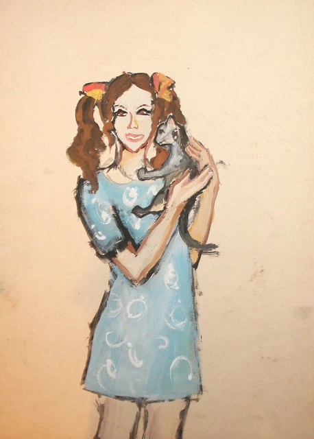 TABLEAU ANCIEN GOUACHE portrait expressionniste fille et chaton EUR 108 ...