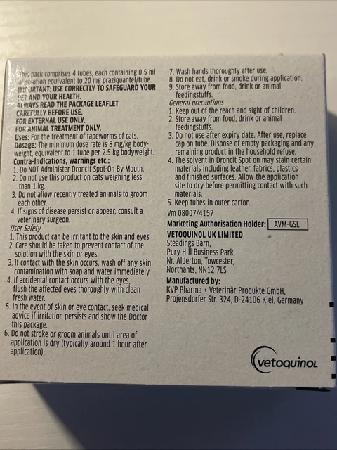DRONCIT SPOT-ON 20MG, 4 x 0.5ml Pipettes (AVM-GSL) £8.66 - PicClick UK
