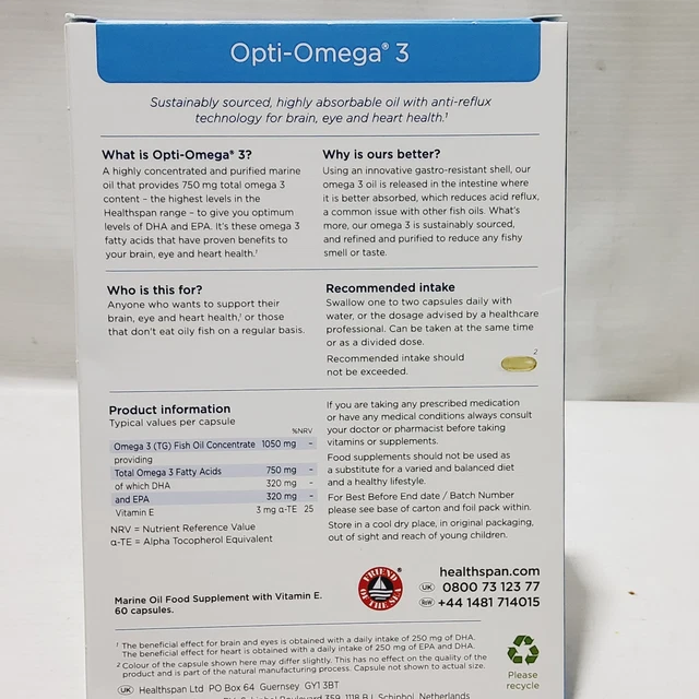 HEALTHSPAN OPTI-OMEGA 3 Vitamins, 60 Capsules (09/2026) £12.95 ...