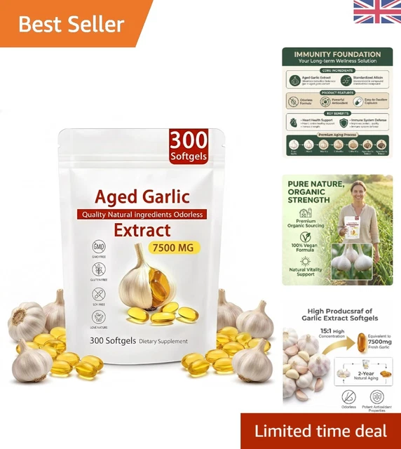 ORGANIC AGED GARLIC Extract - 7500mg, 300 Softgels for Cardiovascular ...