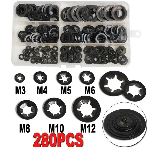 280PC STAR LOCK Washers Push On Lock Star Nut Fastener Clips Lock Set ...