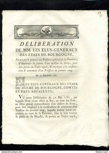 1929 BOURGOGNE 1782 D lib ration armement d'un vaisseau du premier rang 4 pages EUR 20,00 ...