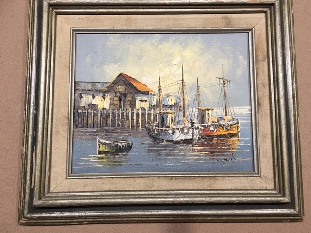 W JONES OIL Painting Harbor Scene Ships Boat Dock Art Mid Century ...