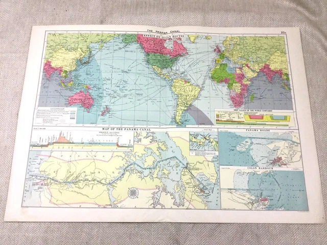 1920 MARITIME MAP of The Panama Canal Routes Mercantile Steamship Ships ...