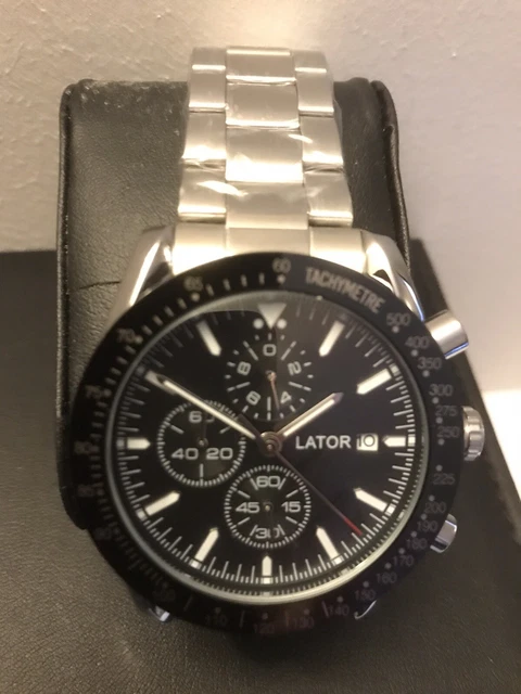 MENS LATOR CALIBRE Chronograph Watch Black Dial Stainless Steel Strap ...