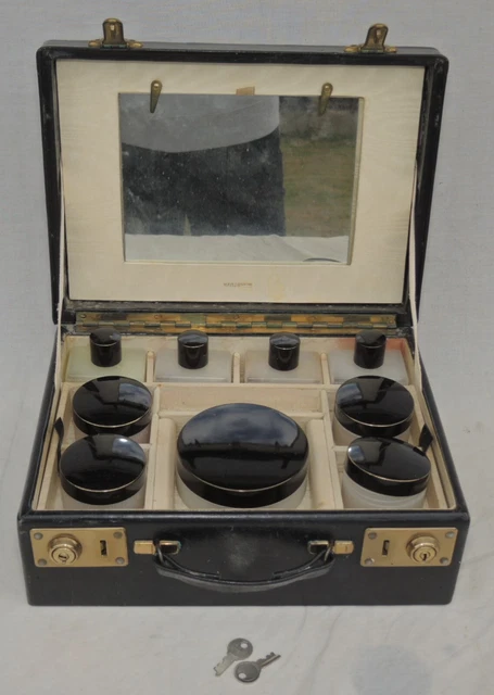 VINTAGE MAYLOR LONDON Black Leather Vanity Case Beauty Set £25.68 ...