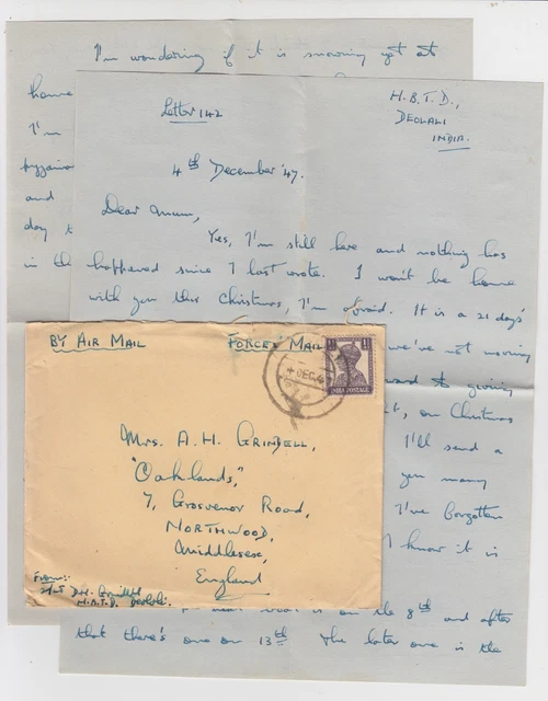 WW2 LETTER 1947 British India HBTD Deolali Forces Mail to Northwood ...