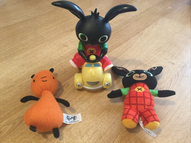 CBEEBIES BING BUNNY pushalong taxi plus Bing and Flop plush soft toys ...