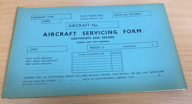 RAF FORM 700/F, Blank, Aircraft Servicing Form, Flying Training Piston ...