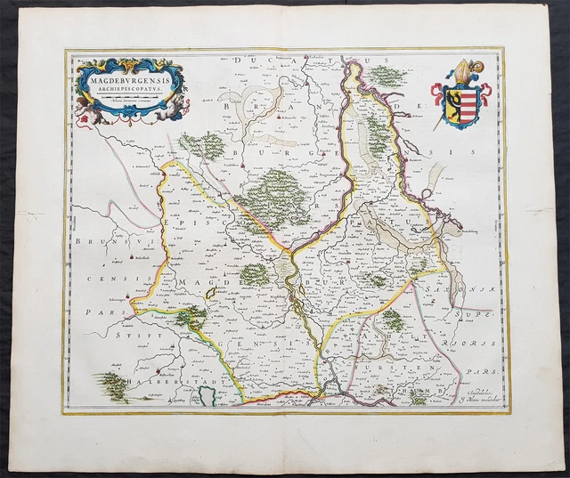 1650 JOAN BLAEU Antique Map of Archbishopric of Madenburg Saxony-Anhalt ...