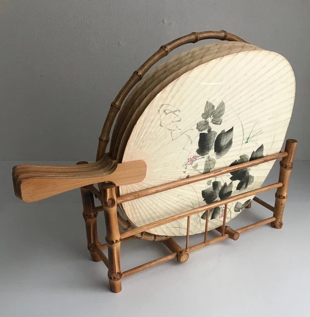 VINTAGE JAPANESE UCHIWA 5 Fans with Bamboo Fan Holder Stand Japanese ...