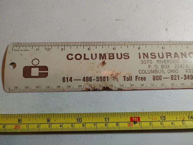 VINTAGE COLUMBUS OHIO Insurance Company Advertising Metal Ruler $27.42 ...